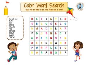 Color Word Search - Free Printable Puzzle PDF - Treasure hunt 4 Kids