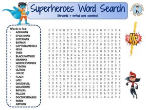Superheroes Word Search - Free Printable PDF Puzzle - Treasure hunt 4 Kids