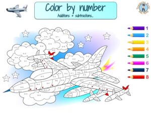 Plane color by number - additions & subtractions - Treasure hunt 4 Kids