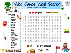 Video Games Word Search - Free Printable Puzzle PDF - Treasure hunt 4 Kids
