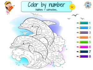 Dolphins color by number - Additions & Subtractions - Treasure hunt 4 Kids
