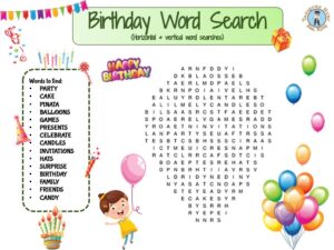 Birthday Word Search - Free Printable PDF Puzzle - Treasure hunt 4 Kids