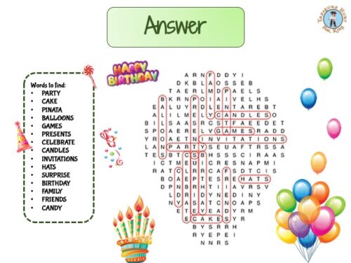 Birthday Word Search - Free Printable PDF Puzzle - Treasure hunt 4 Kids