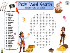 Pirate Word Search - Free Printable Puzzle Game - Treasure hunt 4 Kids