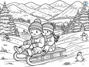 Children Sledding Coloring Page - Snowy Adventure - Treasure hunt 4 Kids