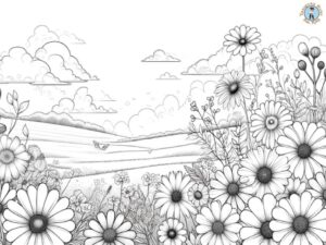 Flower Field Coloring Page - Creative Getaway - Treasure hunt 4 Kids