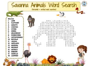 Savanna Animals Word Search - Free Printable PDF Game - Treasure hunt 4 ...