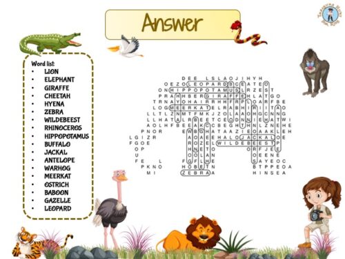 Savanna Animals Word Search - Free Printable PDF Game - Treasure hunt 4 ...